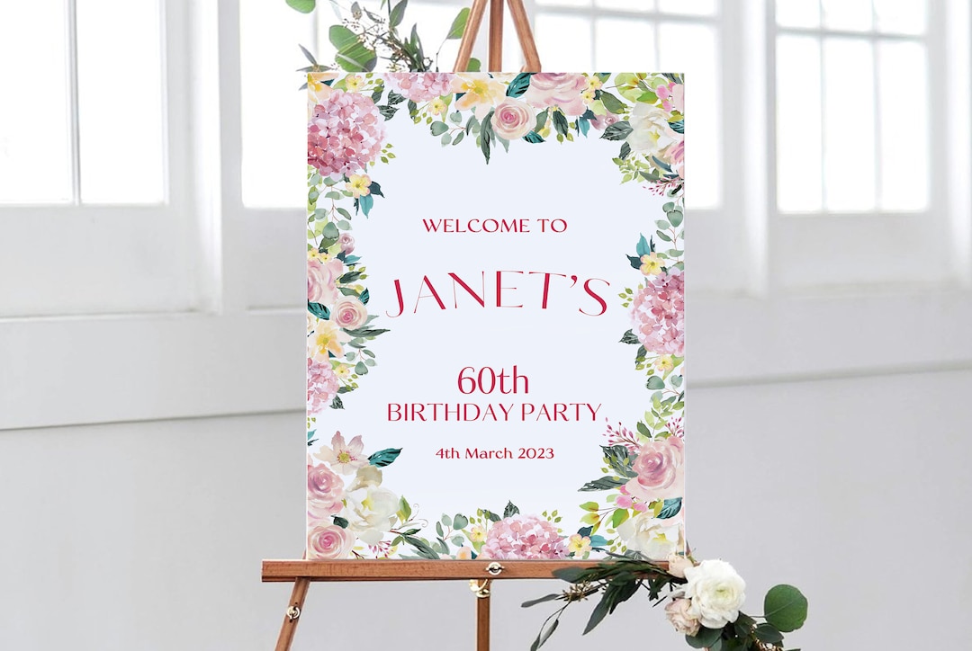 Pink Floral 60th Birthday Party Sign, 60th Birthday Party Sign ...