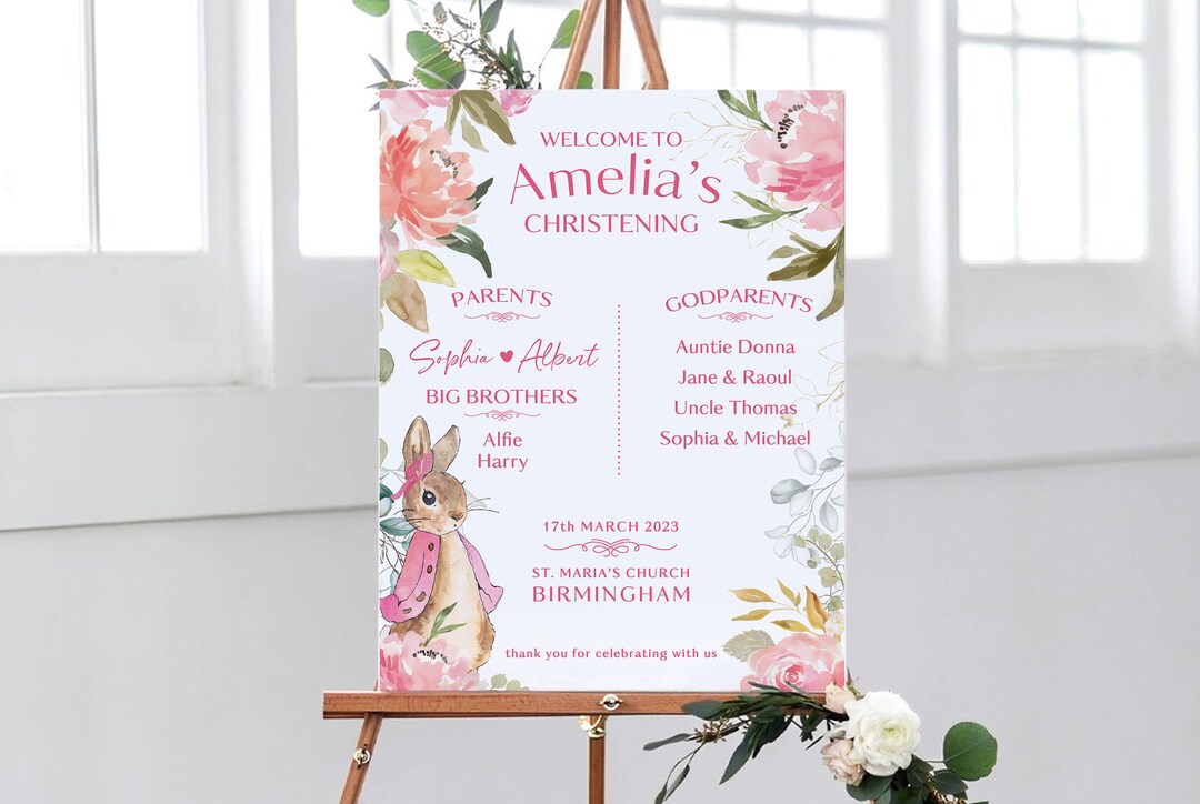 Christening Welcome Sign, Pink Rabbit Christening Sign, Girl's ...