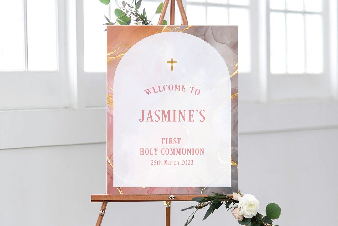 Orange Gold Marble 1st Holy Communion Welcome Sign, First Holy ...