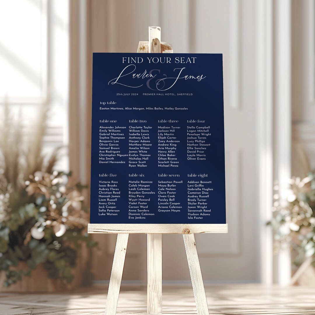 Elegant Navy Wedding Table Plan, Navy Seating Plan, Simple Navy Wedding ...
