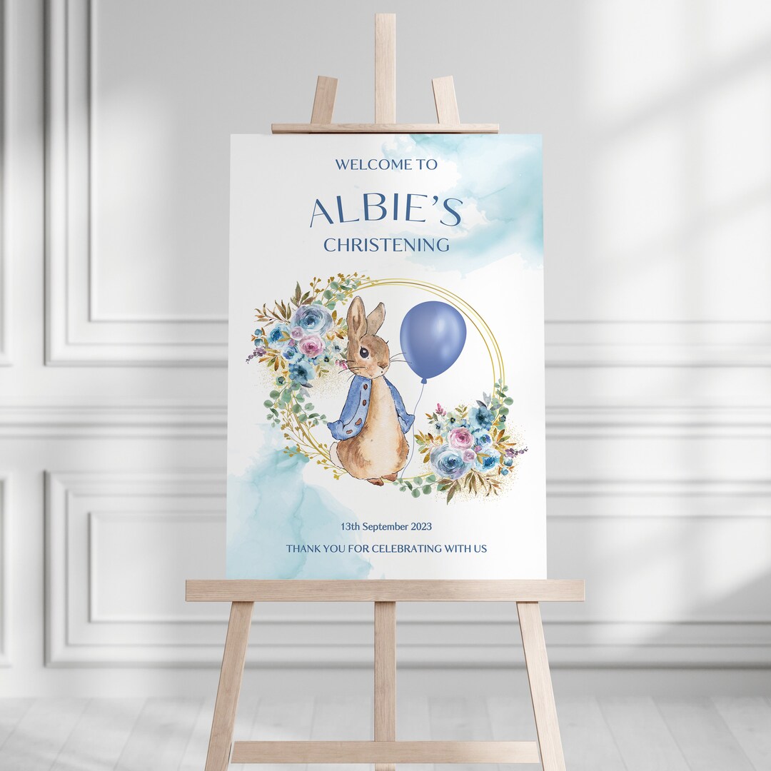 Blue Christening Welcome Sign, Blue Rabbit Christening Sign, Boy's ...