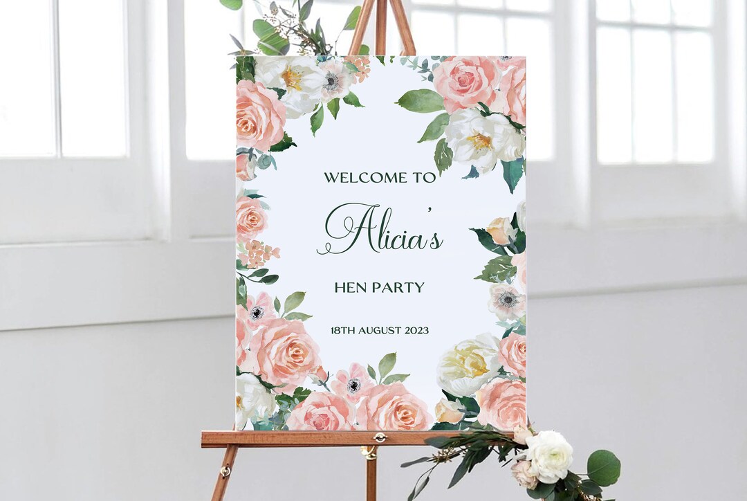 Blush Floral Hen Party Welcome Sign, Hen Do Welcome Sign, Bridal Shower ...