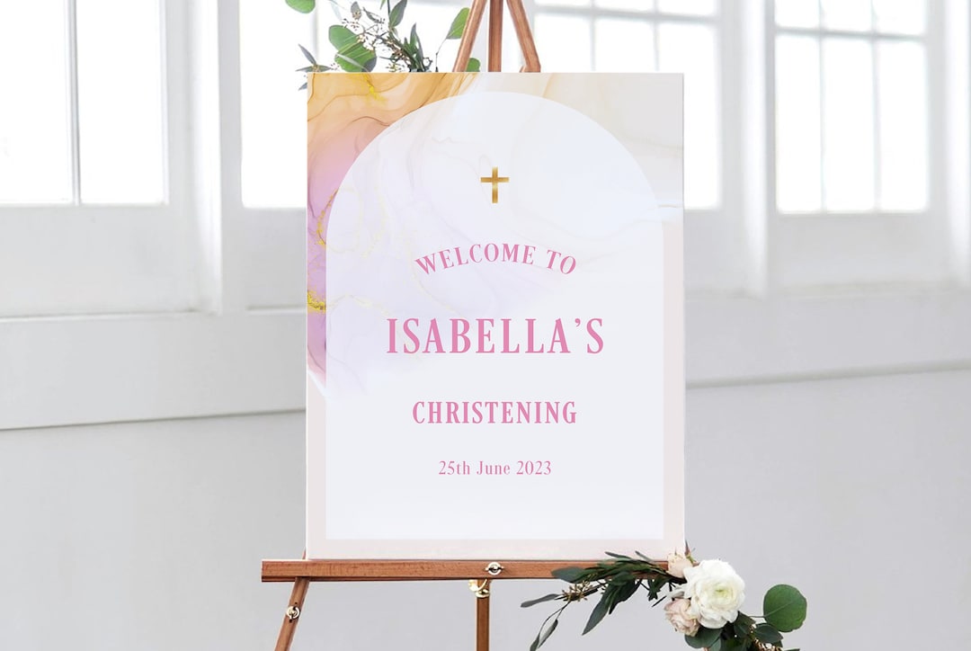 Pink and Gold Marble Christening Welcome Sign, Christening Party Sign ...