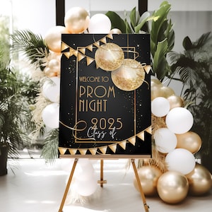 Black and Gold Prom Party Sign, Welcome to 2026 Prom Night Disco Party ...