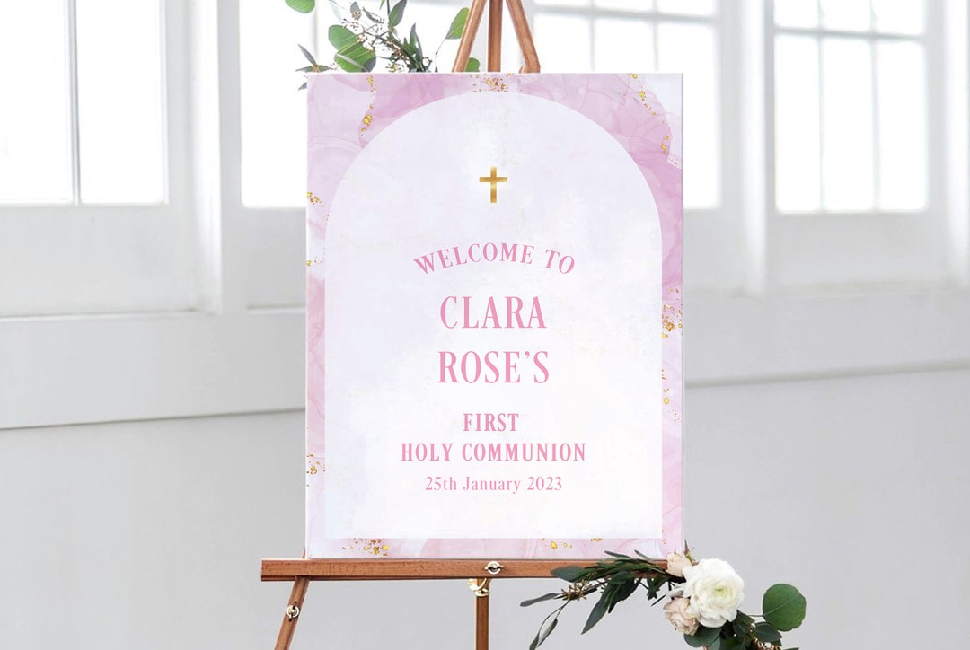 1st Holy Communion Welcome Sign, Pink and Gold Marble First Holy ...
