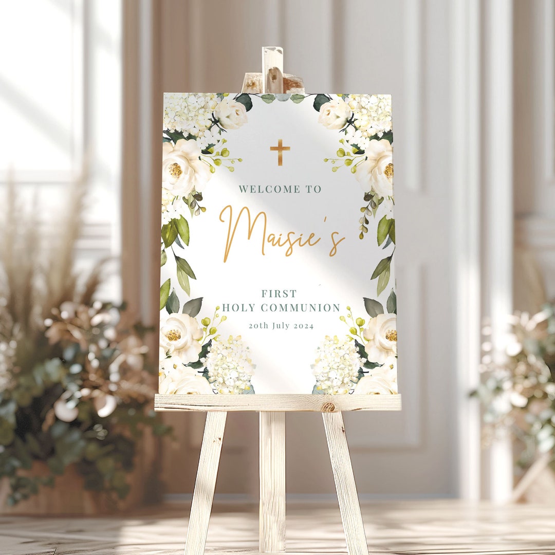 White Rose Floral Welcome Sign for First Holy Communion Christening ...