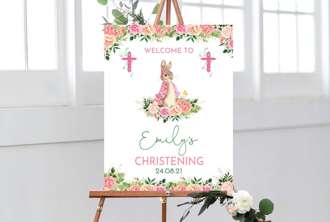Welcome Christening Sign Kids Baptism Party Sign Pink Rabbit - Etsy
