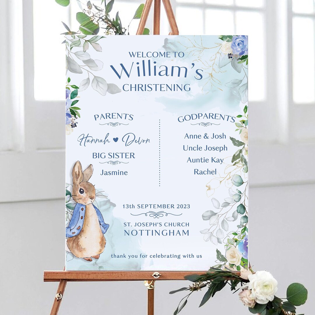 Christening Welcome Sign, Blue Bunny Rabbit Christening Sign, Boy's ...