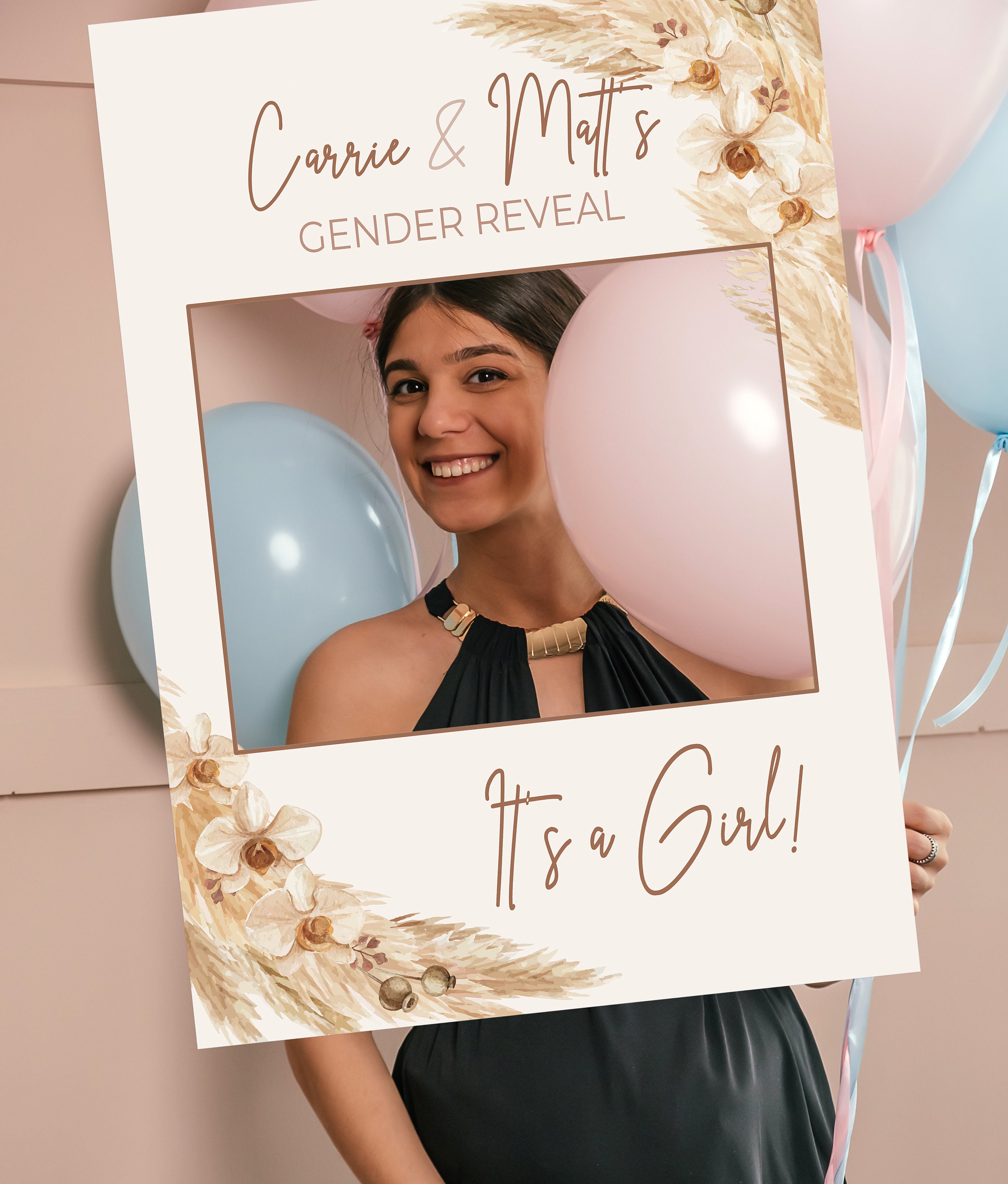 Gender Reveal Selfie Frame, Pampas Boho Baby Gender Reveal Partybooth ...