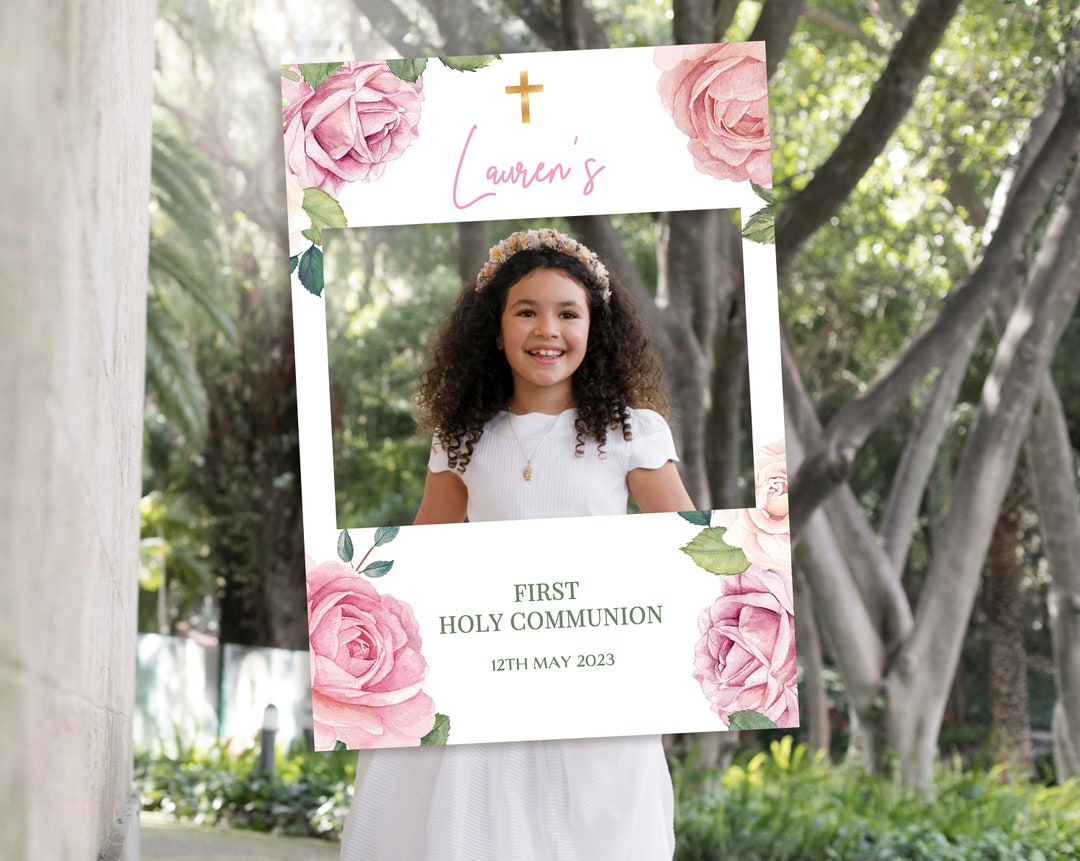 Pink Roses 1st Holy Communion Selfie Frame & Welcome Sign, First Holy ...