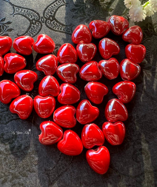 Red Heart Glass Crystal Beads, Glass Heart Beads, Valentines Day Gift ...