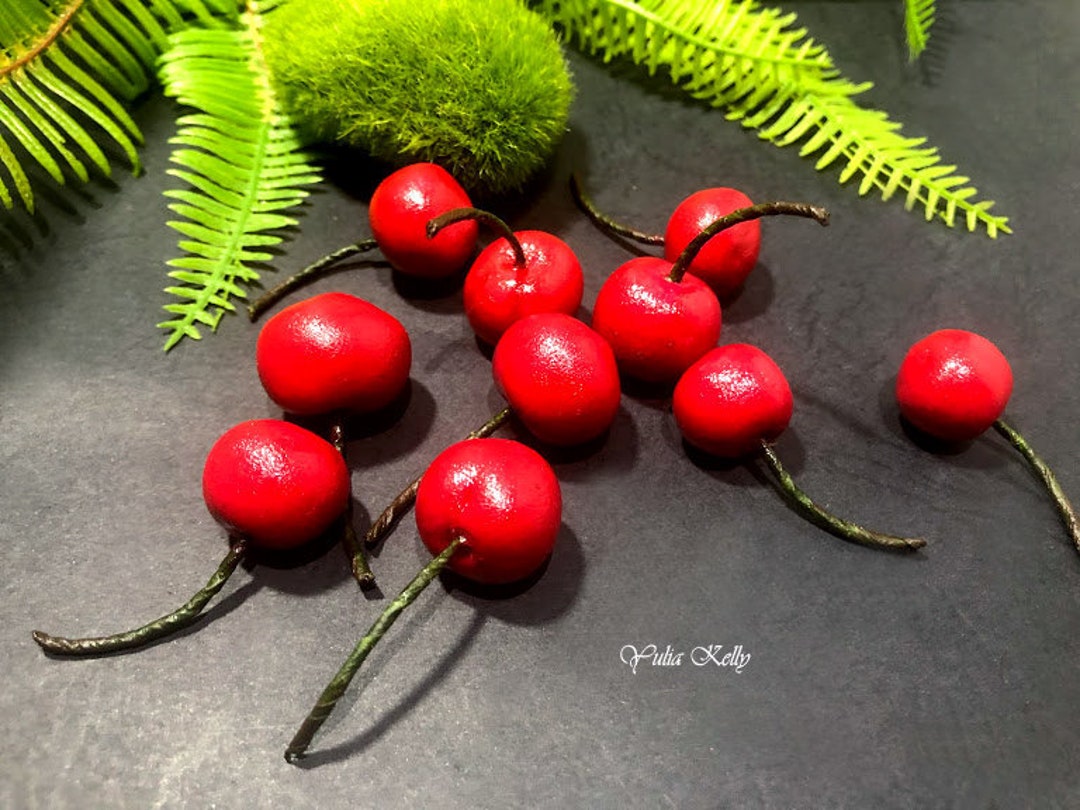 Red Cherry Clay Beads With Stalks, Jewelry Making and DIY Fruit ...