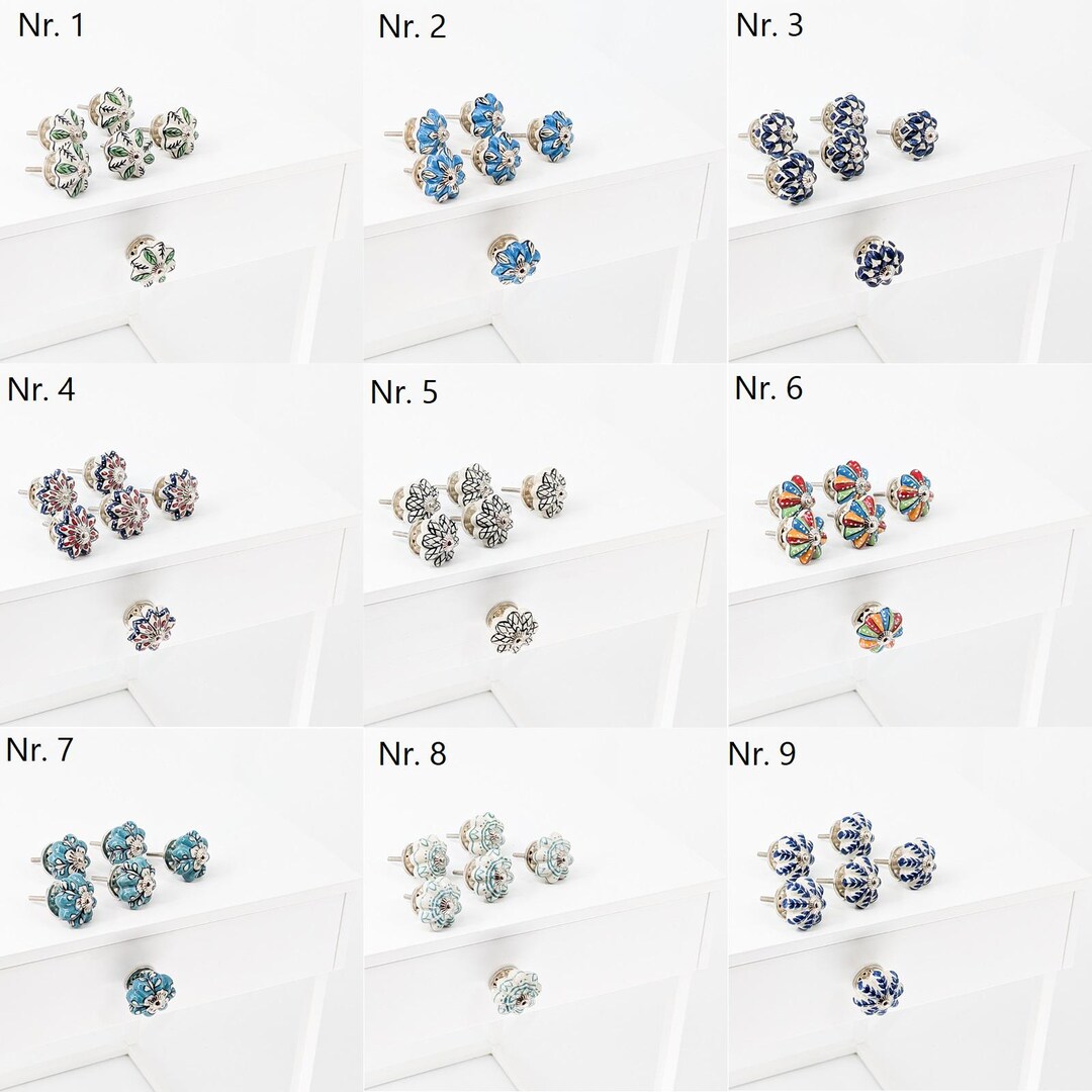 Ensemble de 6 boutons de meubles, en porcelaine colorée, en forme de ...