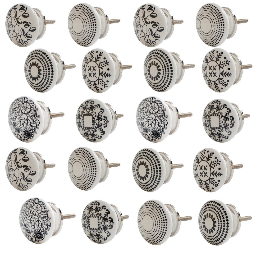 20 X Furniture Buttons White Mix Ceramic Art Deco Printed Shabby-chic ...