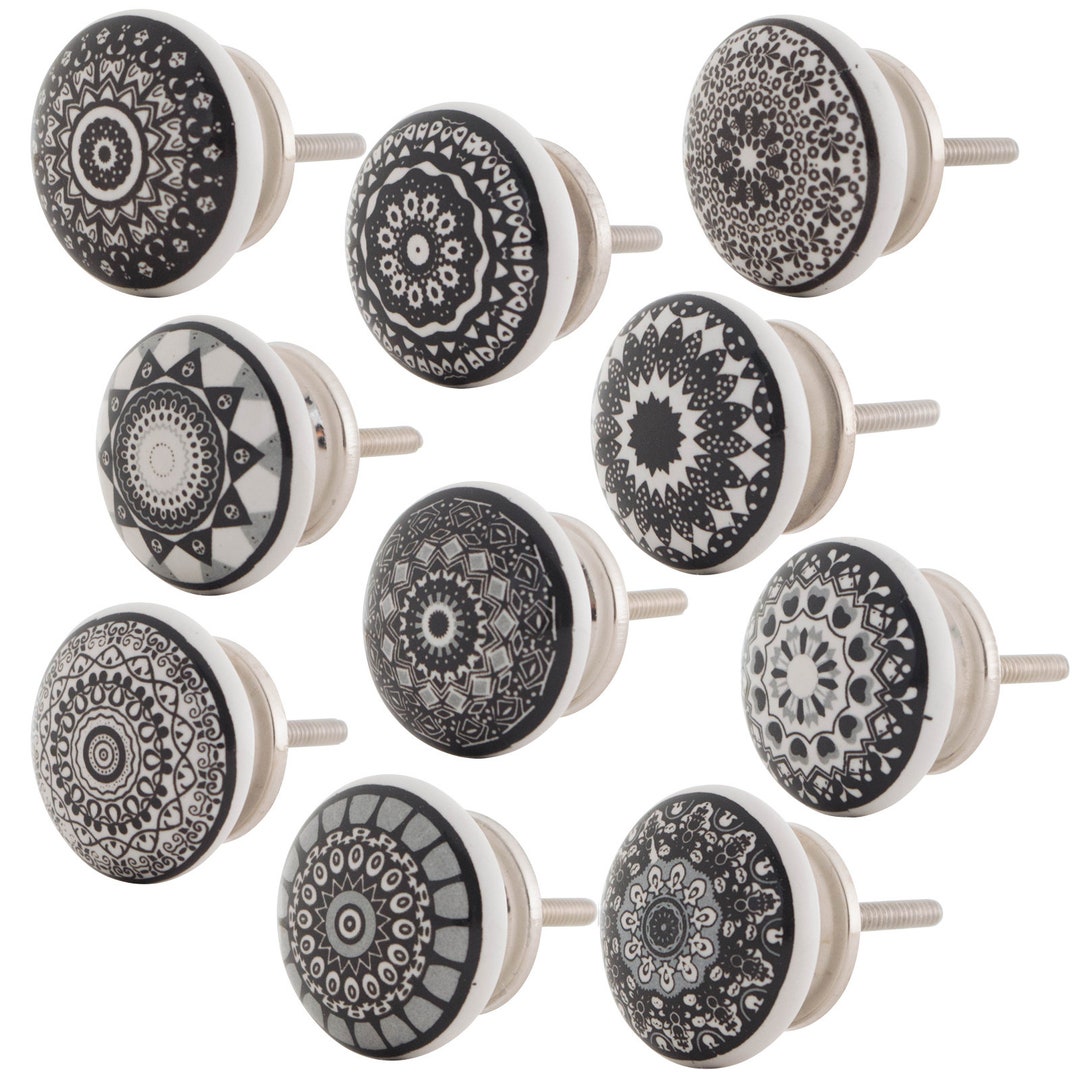 Set Furniture Buttons Ceramic 10 Piece Mandala Printed Cabinet Buttons ...