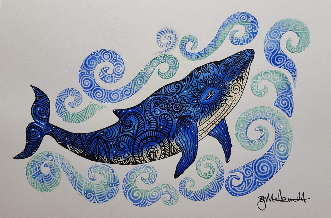 Original and Unique Painting of a Blue Whale With Stylised Waves ...