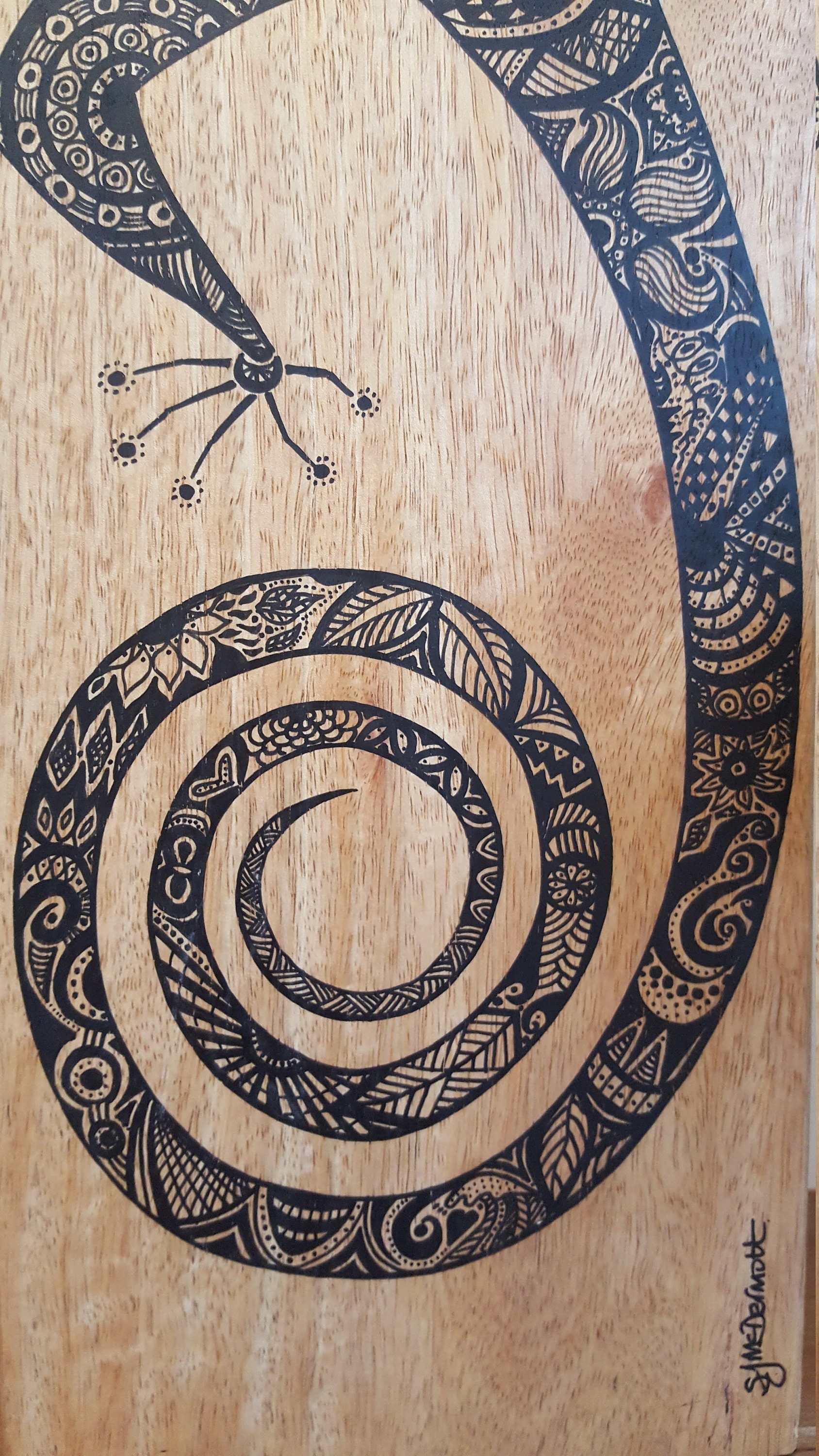 Stunning Original Drawing of Lizard on Mango Wood Intricate Patterns ...
