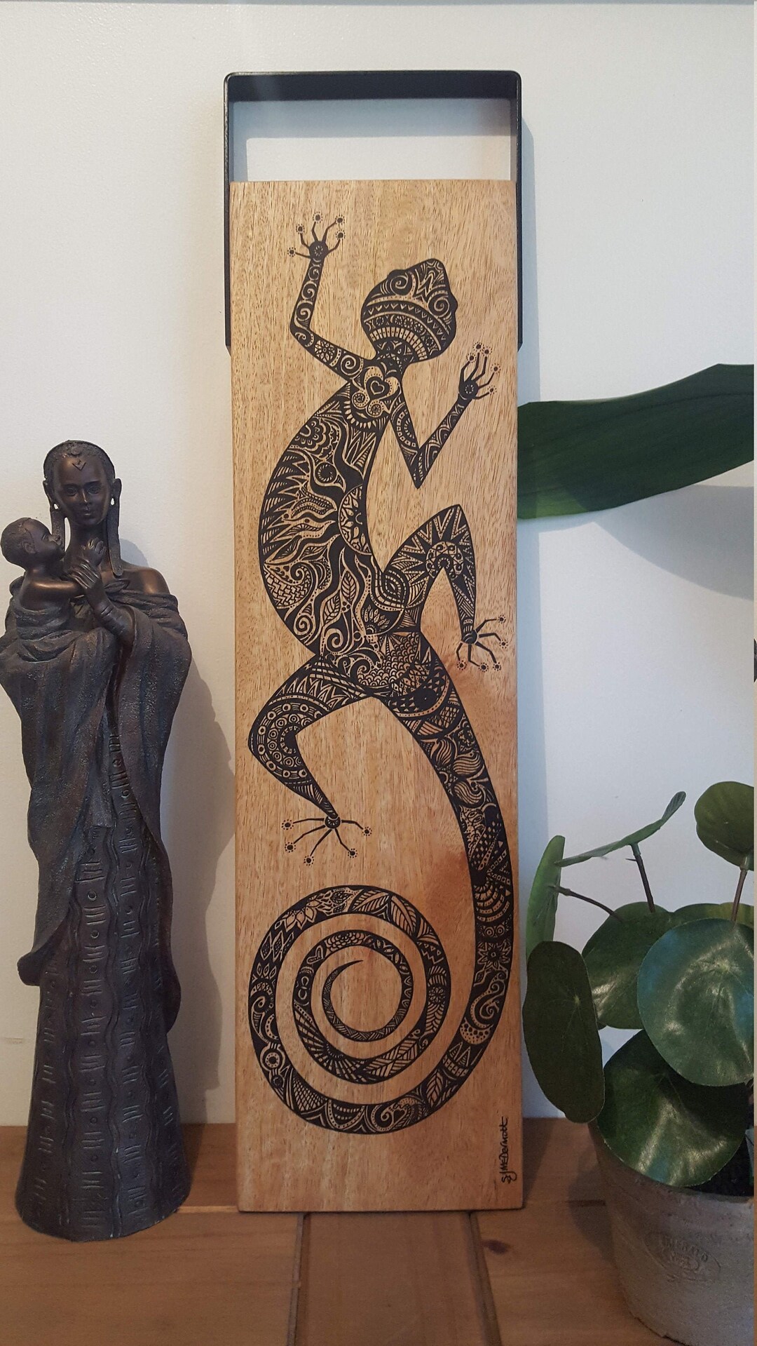 Stunning Original Drawing of Lizard on Mango Wood - Intricate Patterns ...