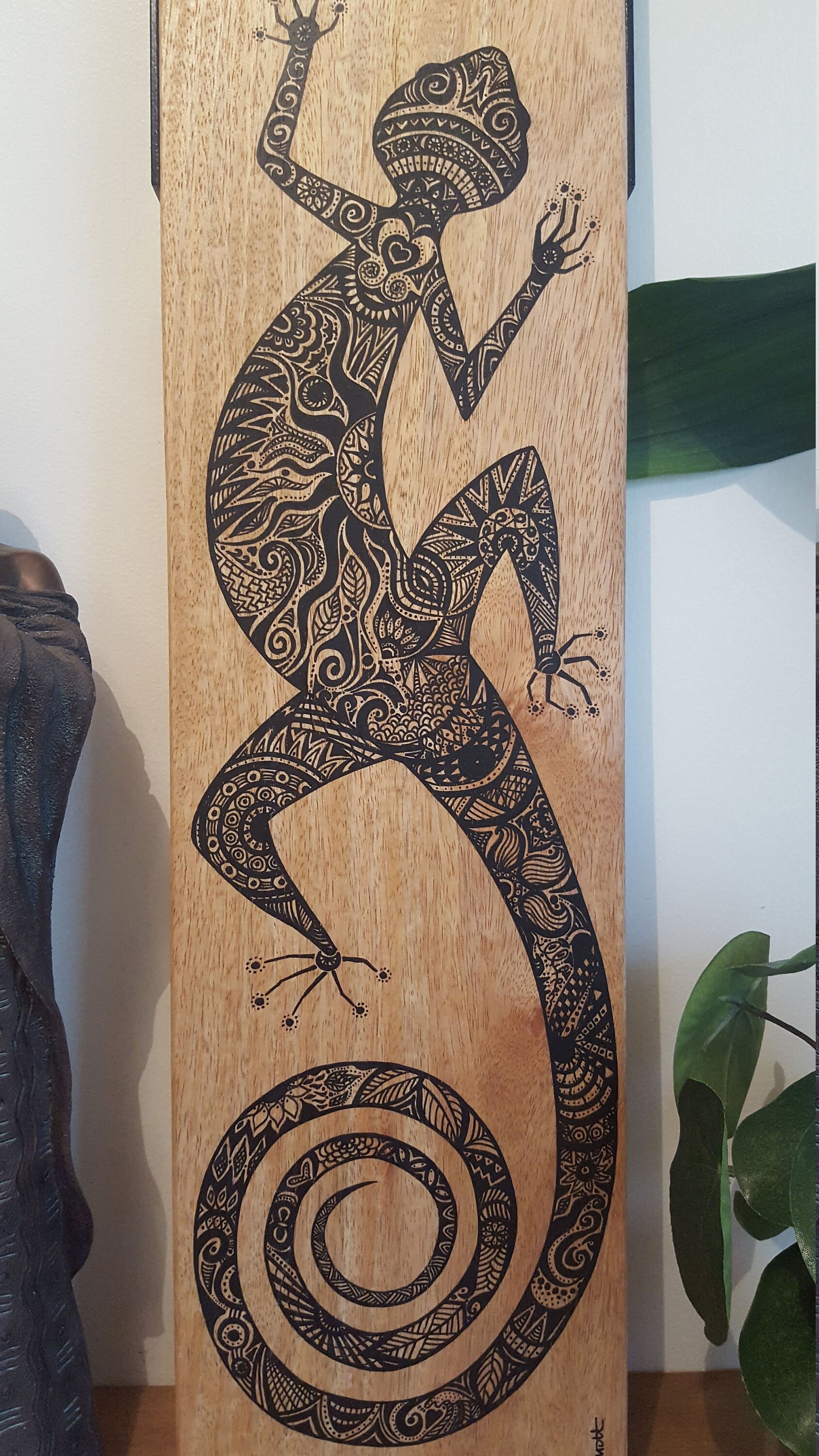 Stunning Original Drawing of Lizard on Mango Wood Intricate Patterns ...