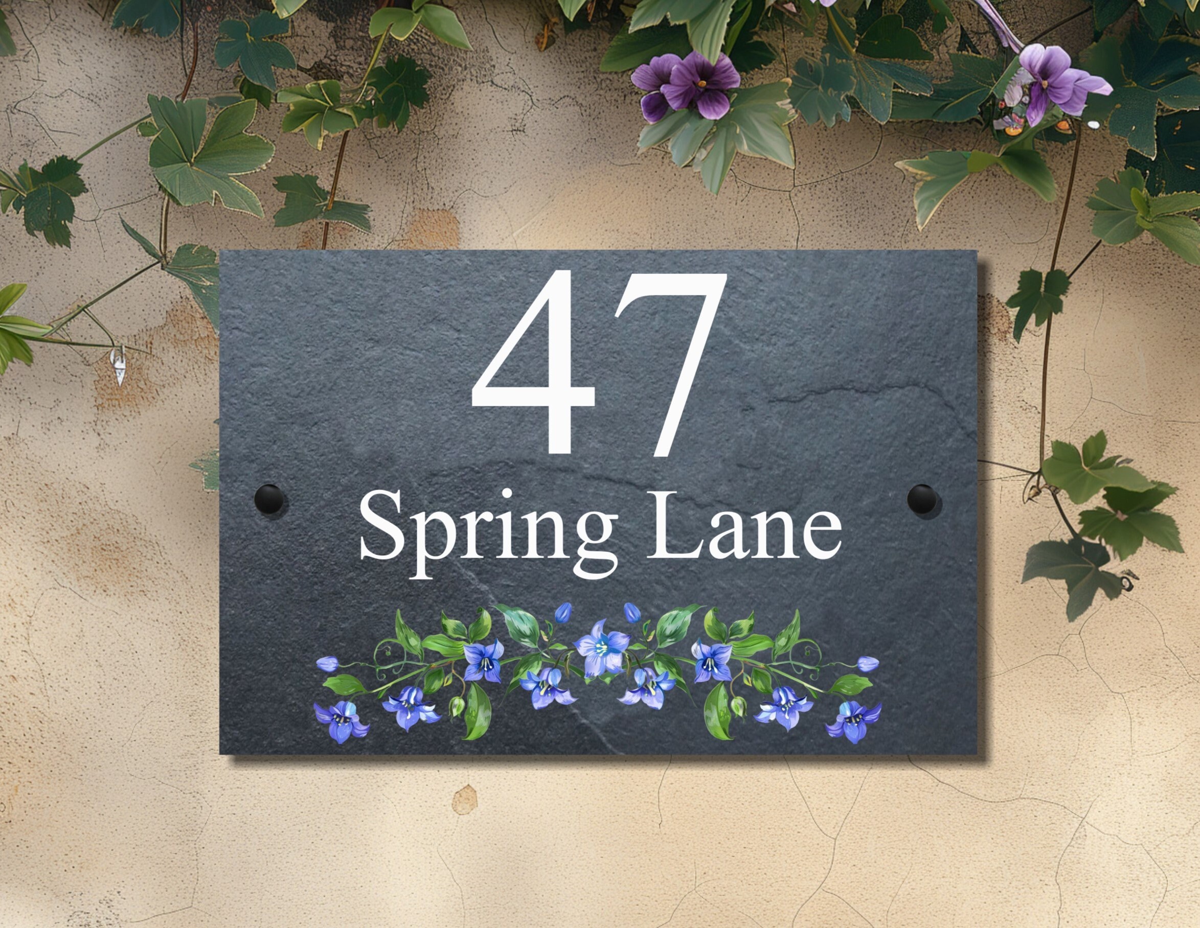 Bluebell Scroll Slate House Sign, Personalised Home Number - Etsy UK