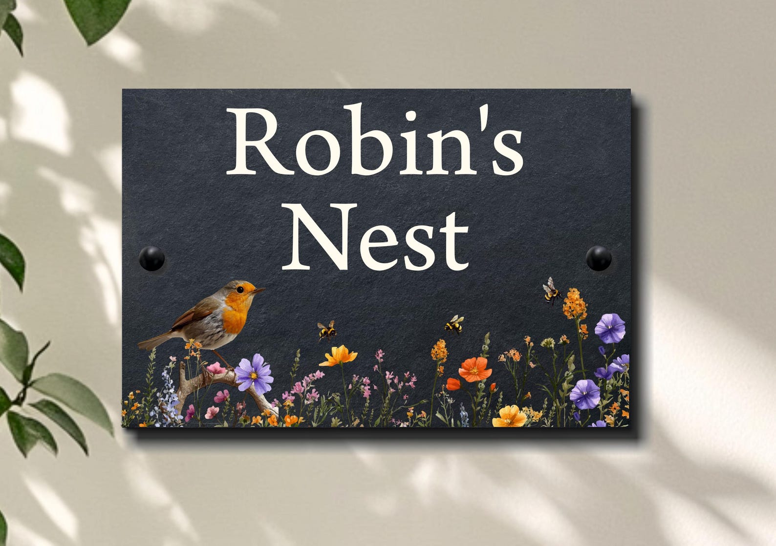 Robin, Bees & Wildflowers Natural Slate House Sign Name Number Garden ...