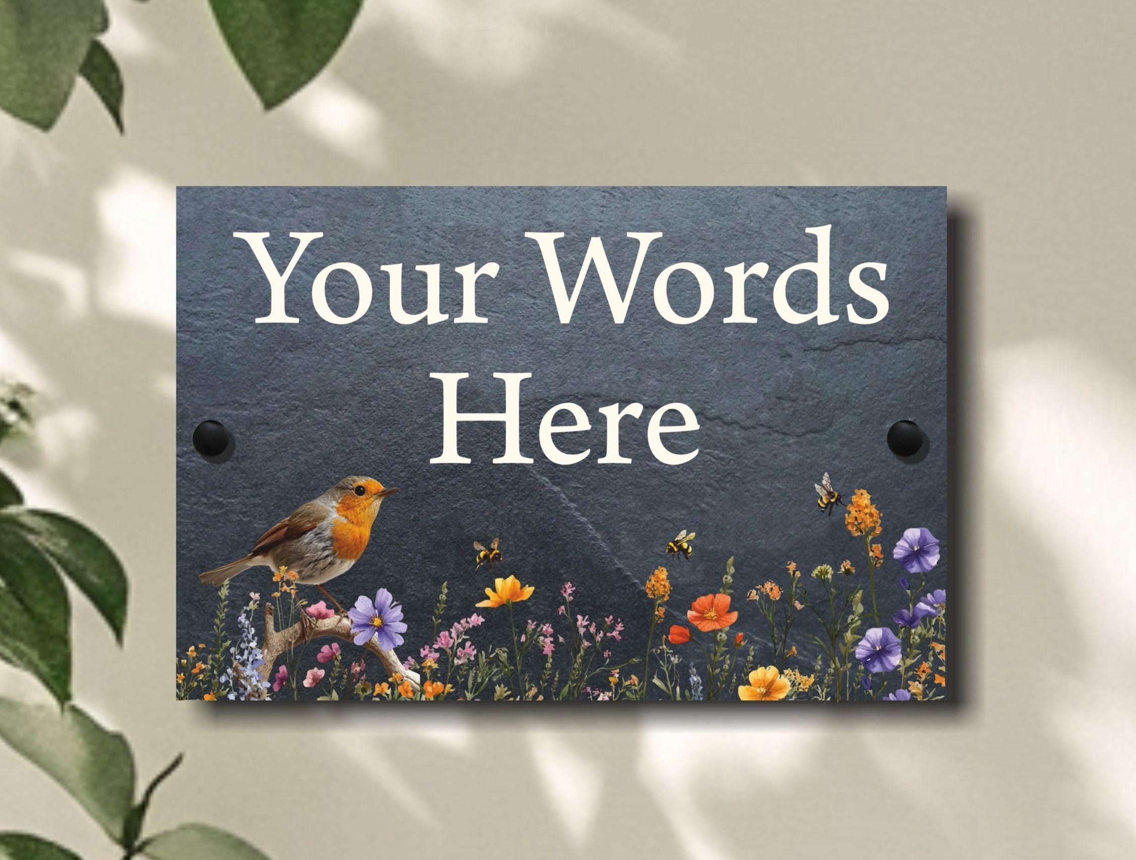 Robin, Bees & Wildflowers Natural Slate House Sign Name Number Garden ...