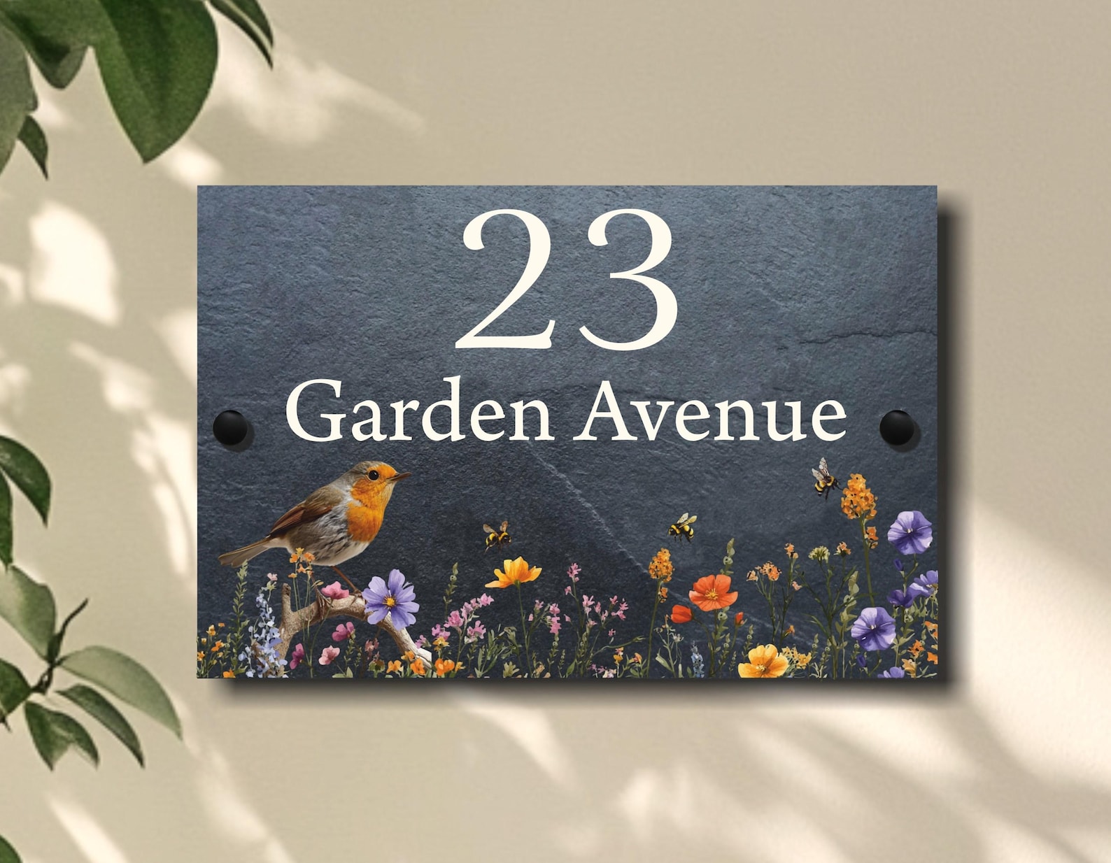 Robin, Bees & Wildflowers Natural Slate House Sign Name Number Garden ...