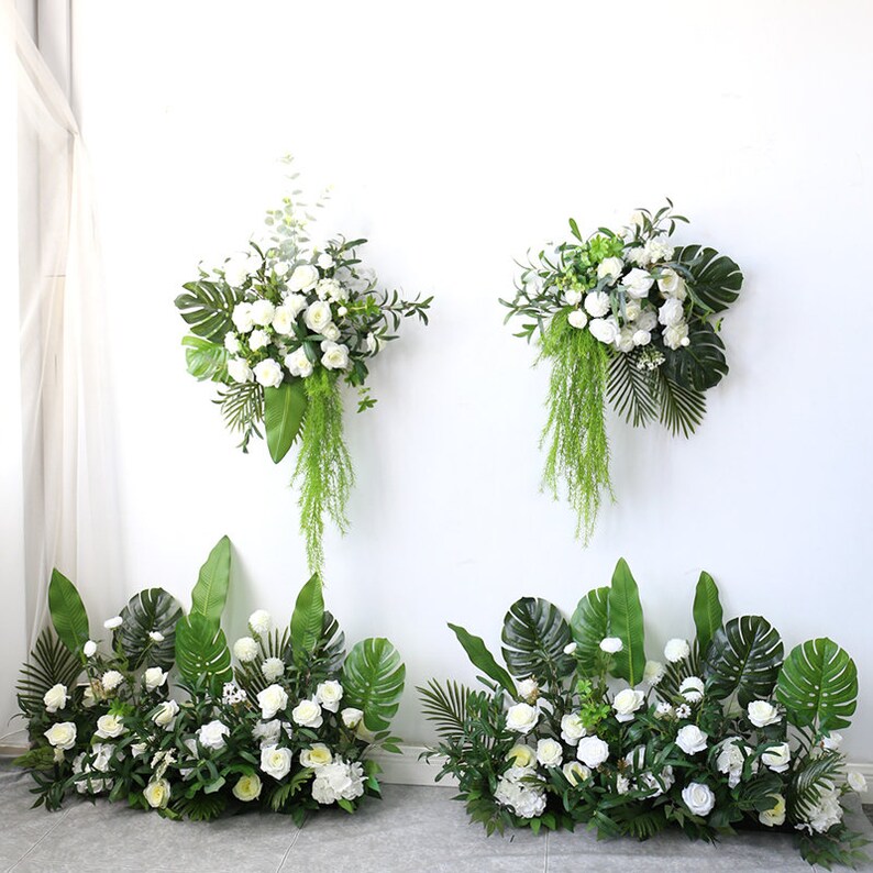 White Rose and Greenary Wedding Arch Flower Monstera Garland | Etsy