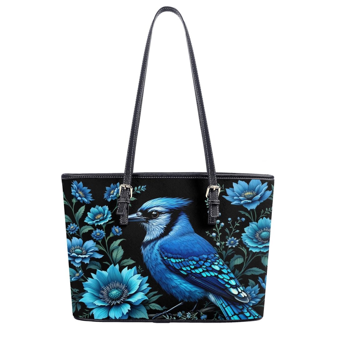 Royal Blue Jay Bloom Bag Tote Bag Vegan Leather Shoulder Bag Large PU ...