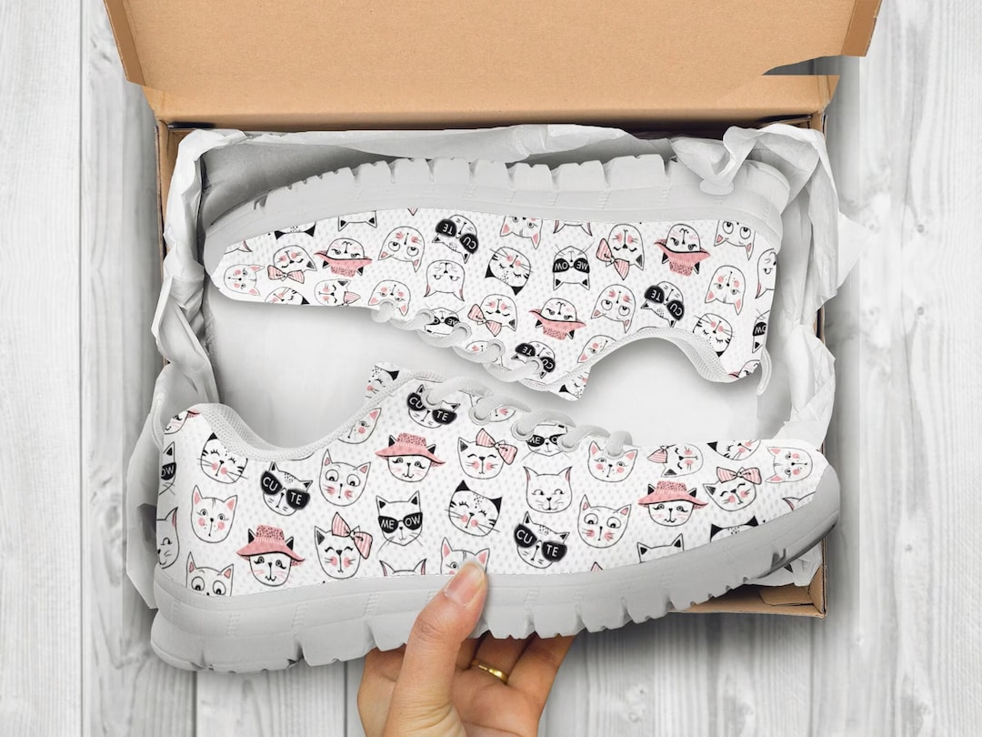 Cat Face Shoes Custom Name Shoes Cat Pattern Running Sneakers Cat Print ...