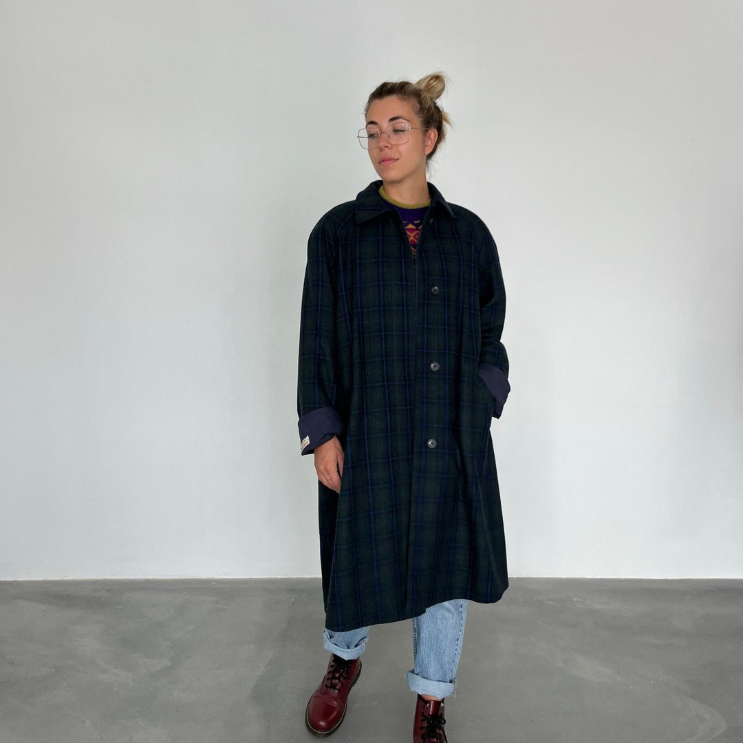 DOUBLE FACE Vintage 80s Check Coat / Vintage Long Wool Trench - Etsy