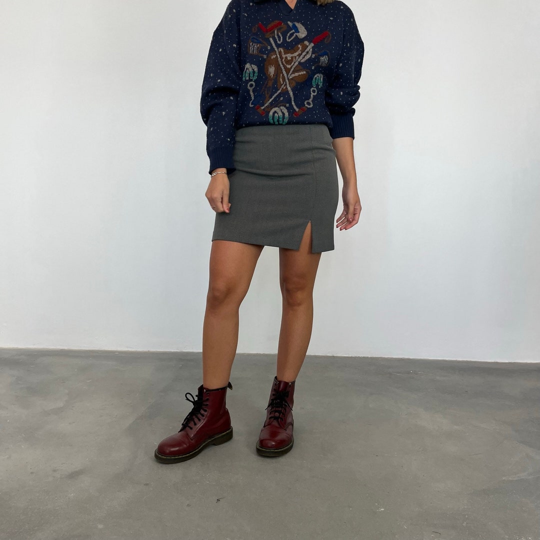 Mini With Slit / 80s Vintage Miniskirt in Stretch Fabric / Gray Vintage ...