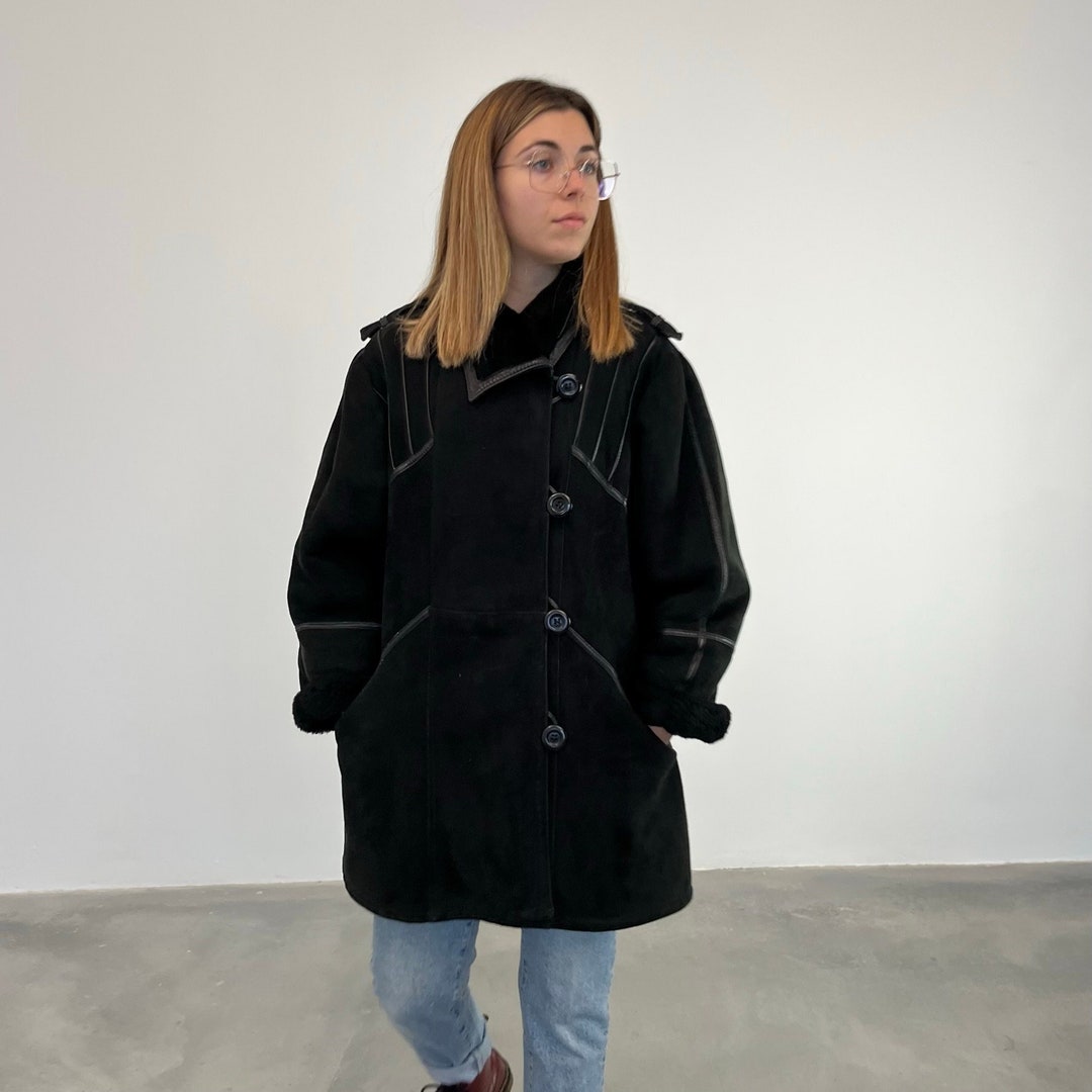 Original Black Vintage Shearling / 80s Vintage Sheepskin Leather ...