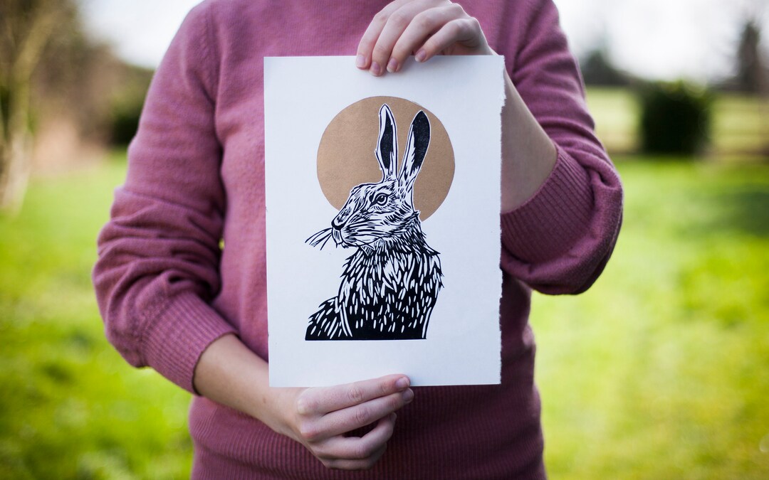 Golden Hare Lino Print, Irish Animal Print, Golden Hare, Irish Animal ...