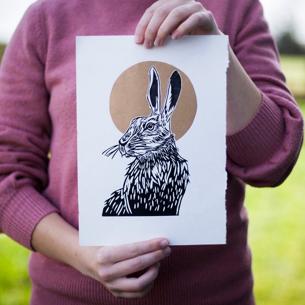 Linocut Hare - Etsy