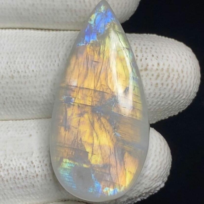 Natural Rainbow Moonstone Cabochon Shape Pear Loose Gemstone Size ...