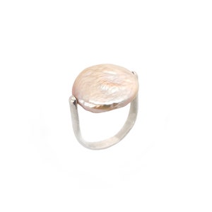 Round Flat Pearl Ring Baroque Pearl Silver Ring Coin Pearl Ring White ...