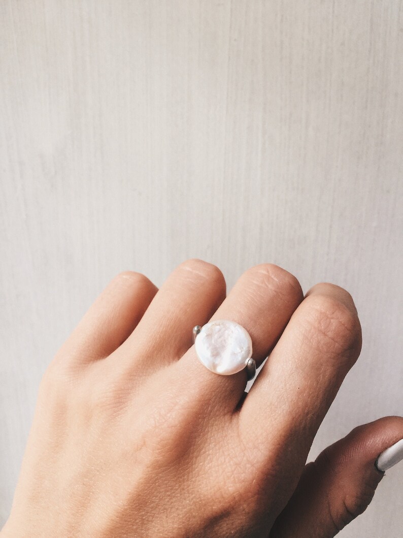 Round Flat Pearl Ring Baroque Pearl Silver Ring Coin Pearl - Etsy