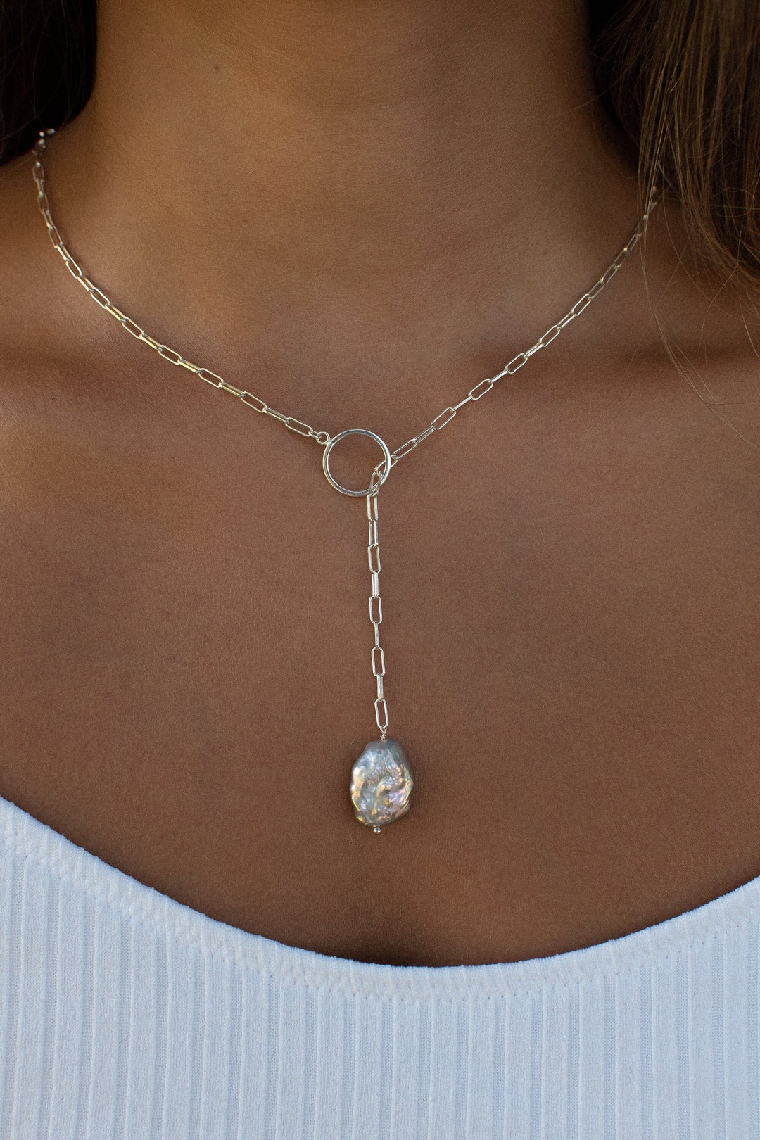 Sterling Silver Lariat Necklacepearl Y Necklace Pearl Lariat Necklace Silver Pearl Necklace ...