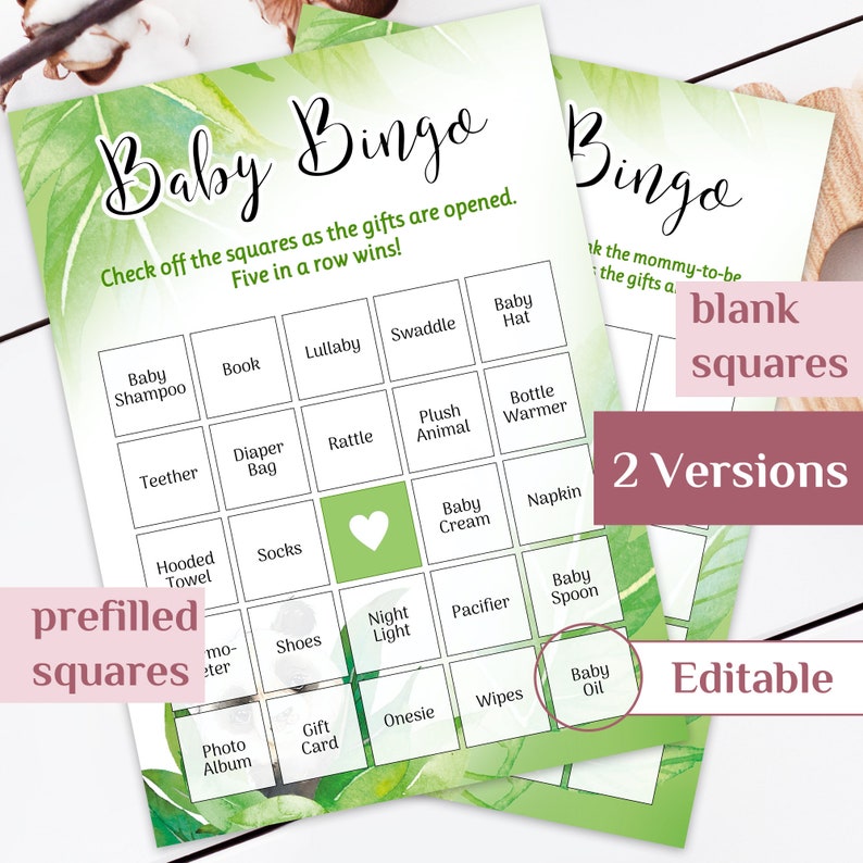 Baby Bingo Editable, Greenery Baby Shower, Panda Party, Baby Bingo ...