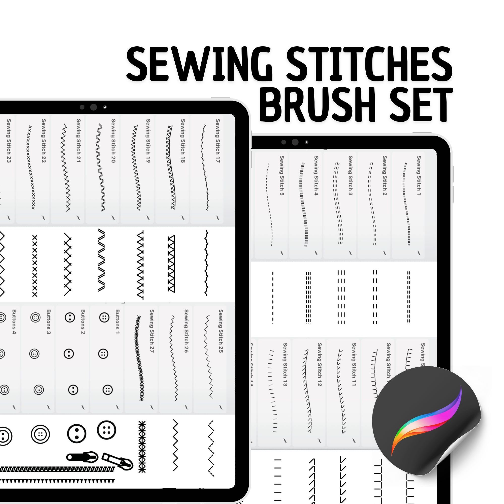 36 Sewing Stitches Brush Set Procreate - Seam Brush - Button Brush ...