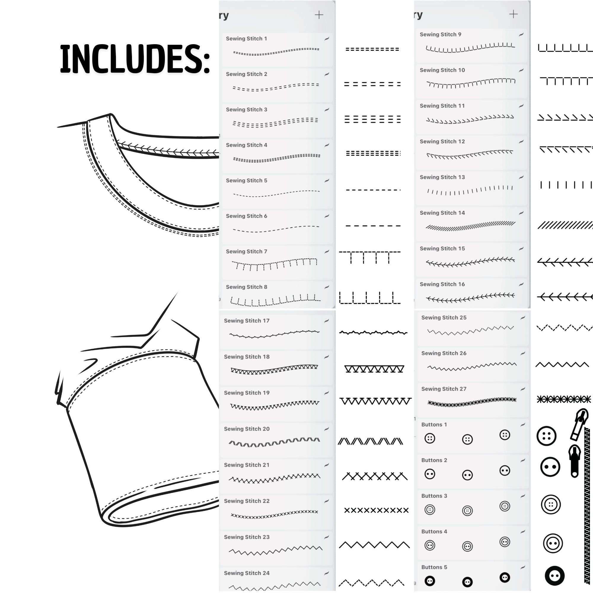 36 Sewing Stitches Brush Set Procreate - Seam Brush - Button Brush - Zipper Brush - Clothing ...