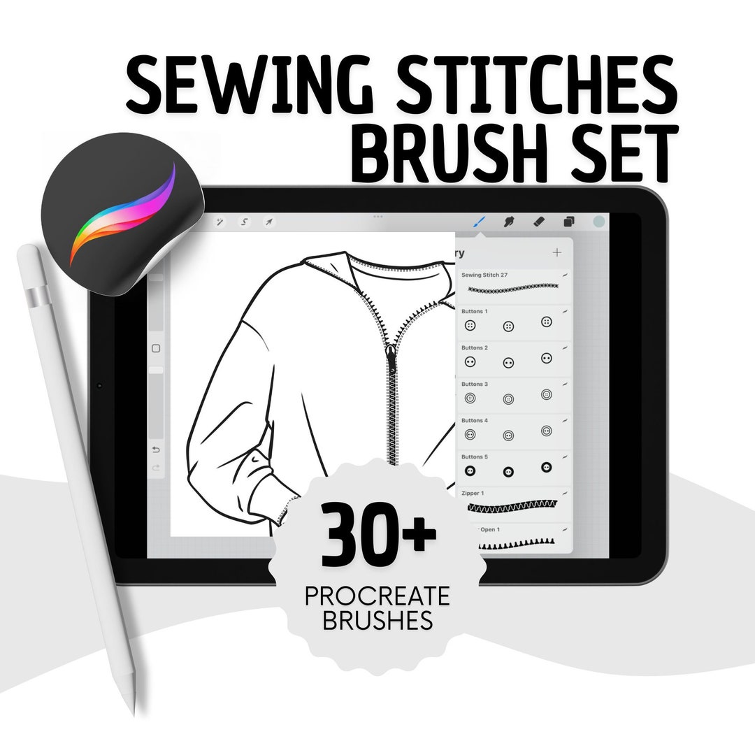 36 Sewing Stitches Brush Set Procreate - Seam Brush - Button Brush - Zipper Brush - Clothing ...