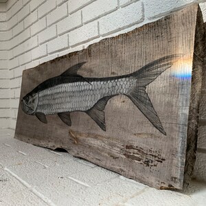 Charcoal and Pencil Fish Art on Reclaimed Raw Edge Wood - Etsy