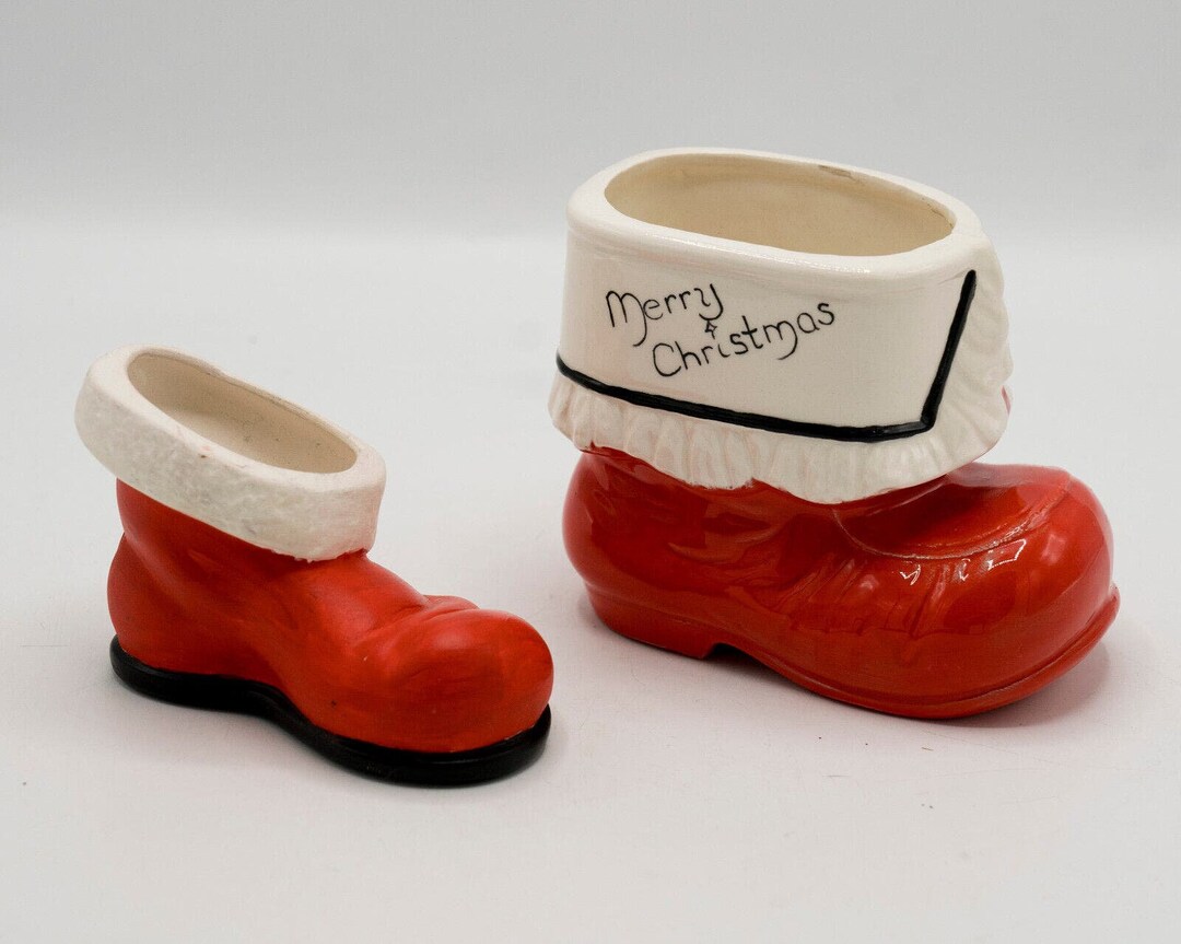 Lot of 2 Vintage Christmas Ceramic Red Santa Boot Planter and Smaller ...