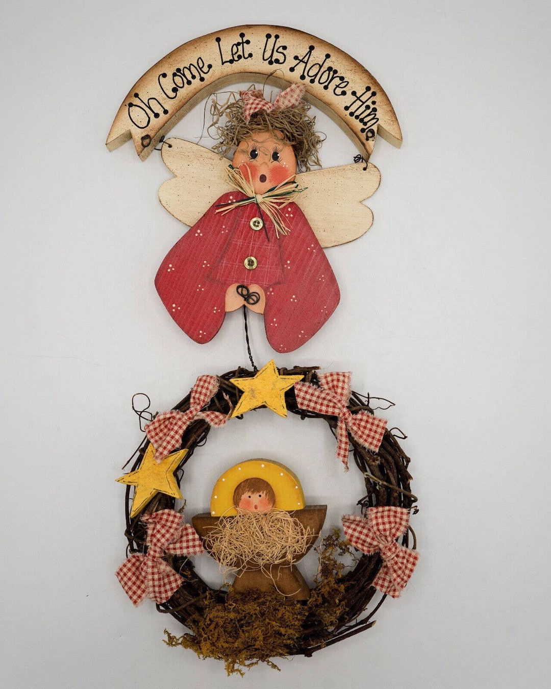 Vintage Christmas Angel and Baby Jesus Wood and Grapevine Wreath Wall ...