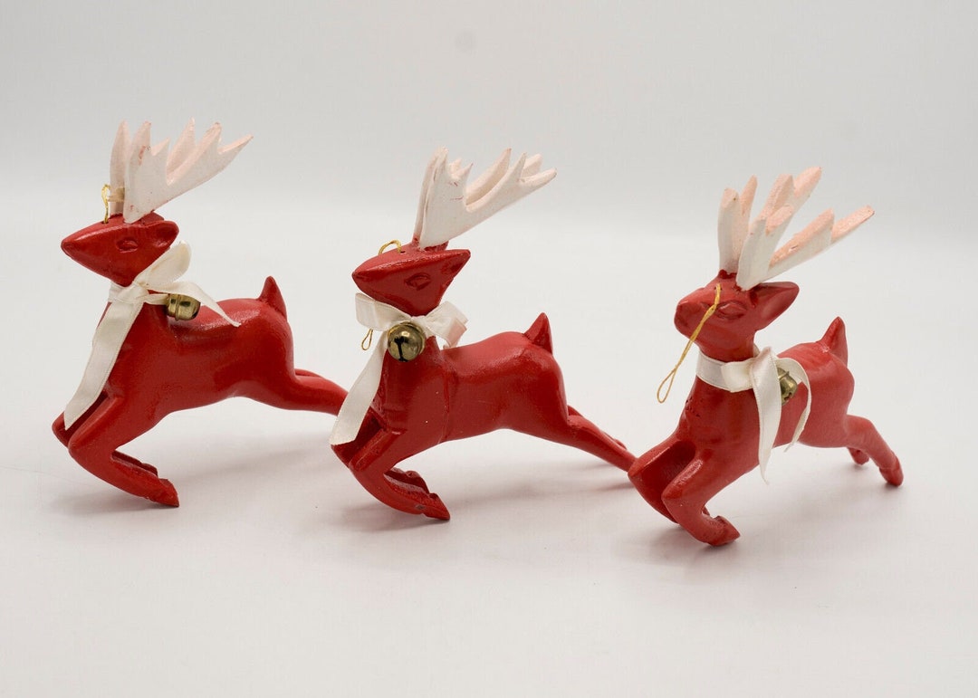 Wooden Red Christmas Reindeer Ornaments Hand Carved Philippines Set of ...