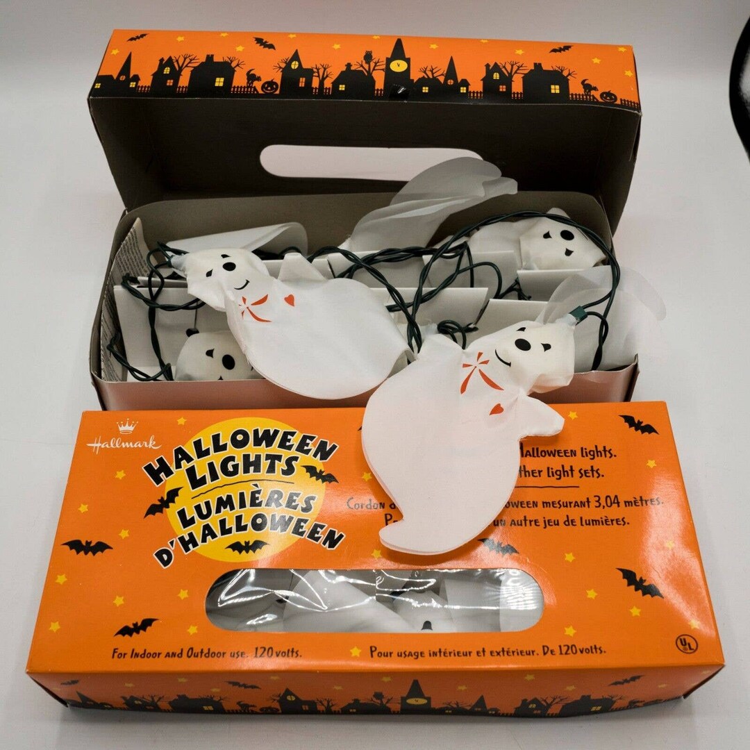 2001 Hallmark Halloween Ghost 10 Pc String Lights NEW Fabric Blow Mold ...