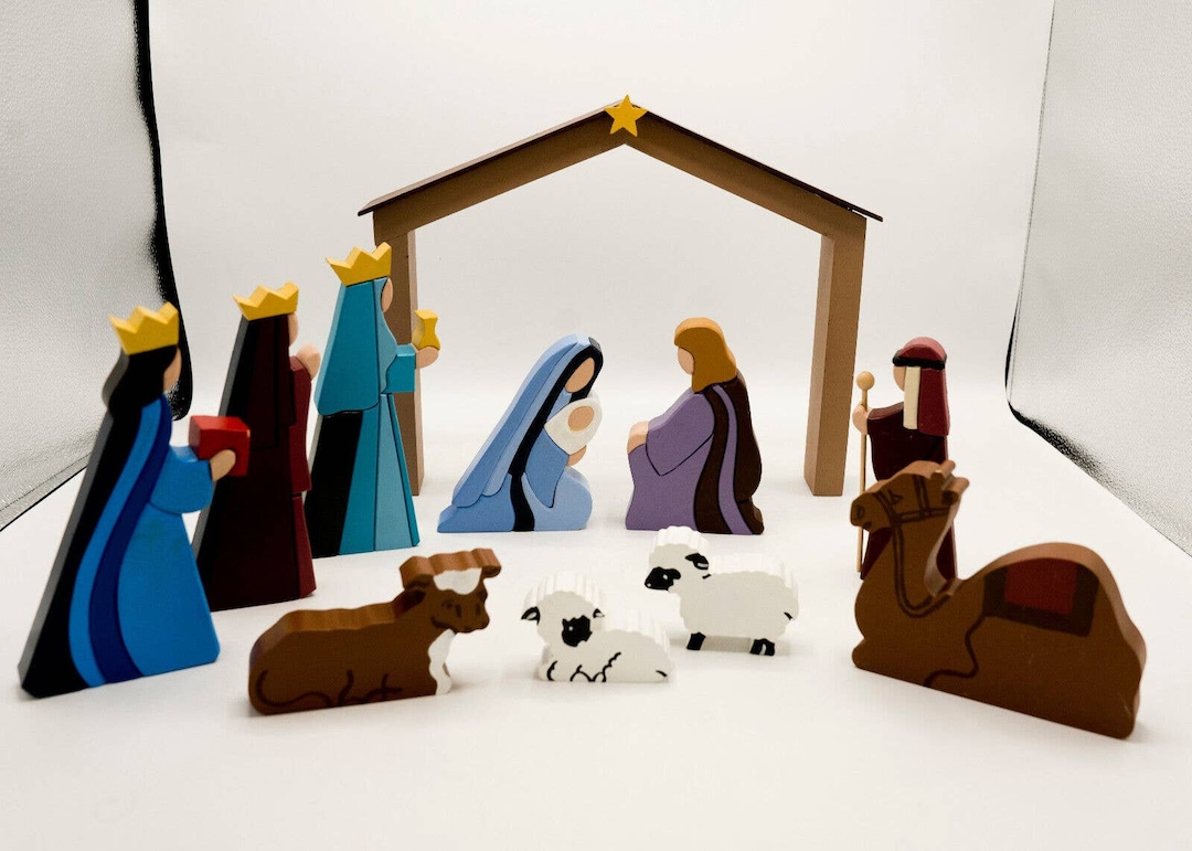 Hand Painted Nativity Set Wood Block Cutout W Creche 11 Pcs Vtg 1990s ...