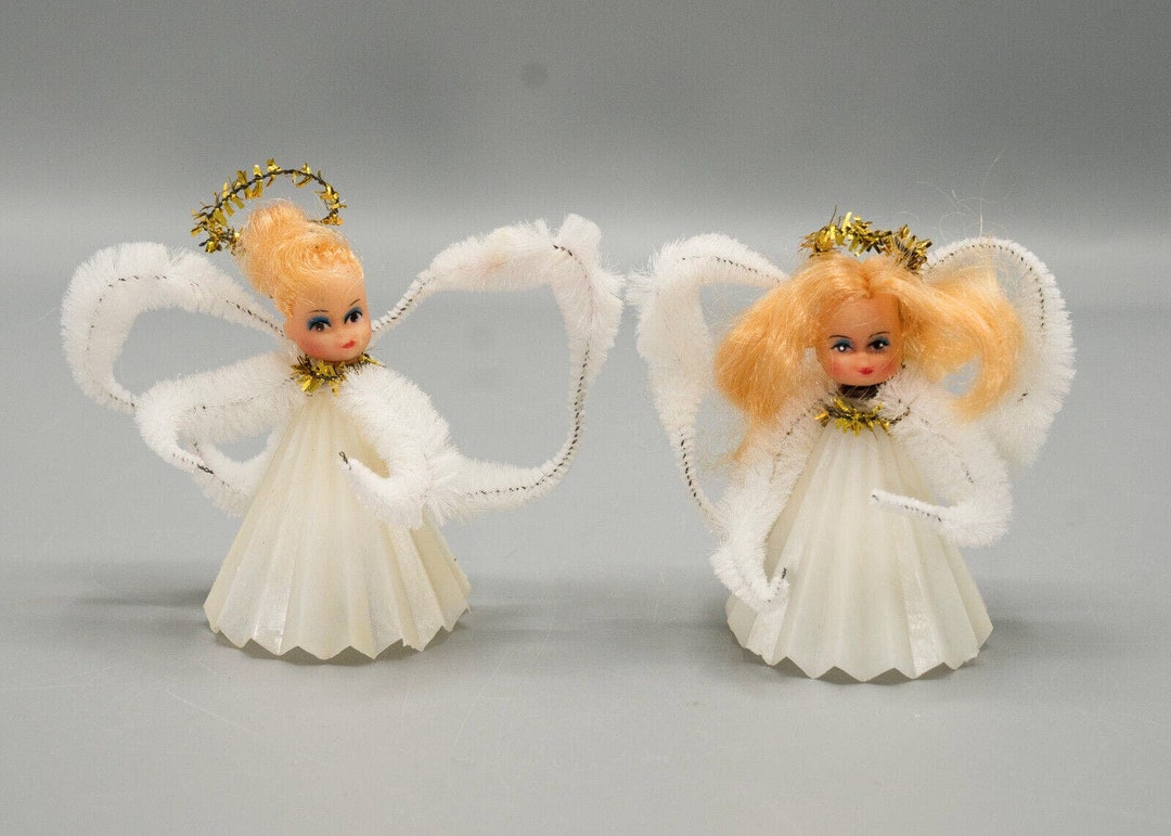 Set of 2 Vintage Angel Ornament Figures Rubber Head Blonde Pipe Cleaner ...